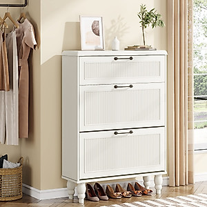 Tribesigns White Shoe Storage Cabinet: Shoe Organizer Cabinet with 2 Flip Drawers, Slim Freestanding Shoe Storage Rack, Wood Shoe Organizer for Entryway, Living Room, Closet
