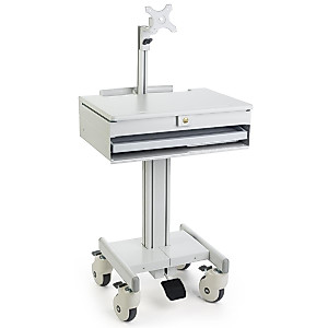 Displays2go Mobile Desk with Monitor Display & Keyboard Tray, Locking Wheels, Steel, Plastic, MDF – Gray (DWMDC1M)