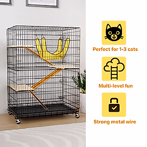 Collapsible Cat Cage, 4-Tier 48 Inches Metal Large Cat Kennel Ferret Enclosure Chinchilla Cage with 360° Rotating Casters/Ramp/Ladders/Hammock for Indoor/Outdoor Kitten