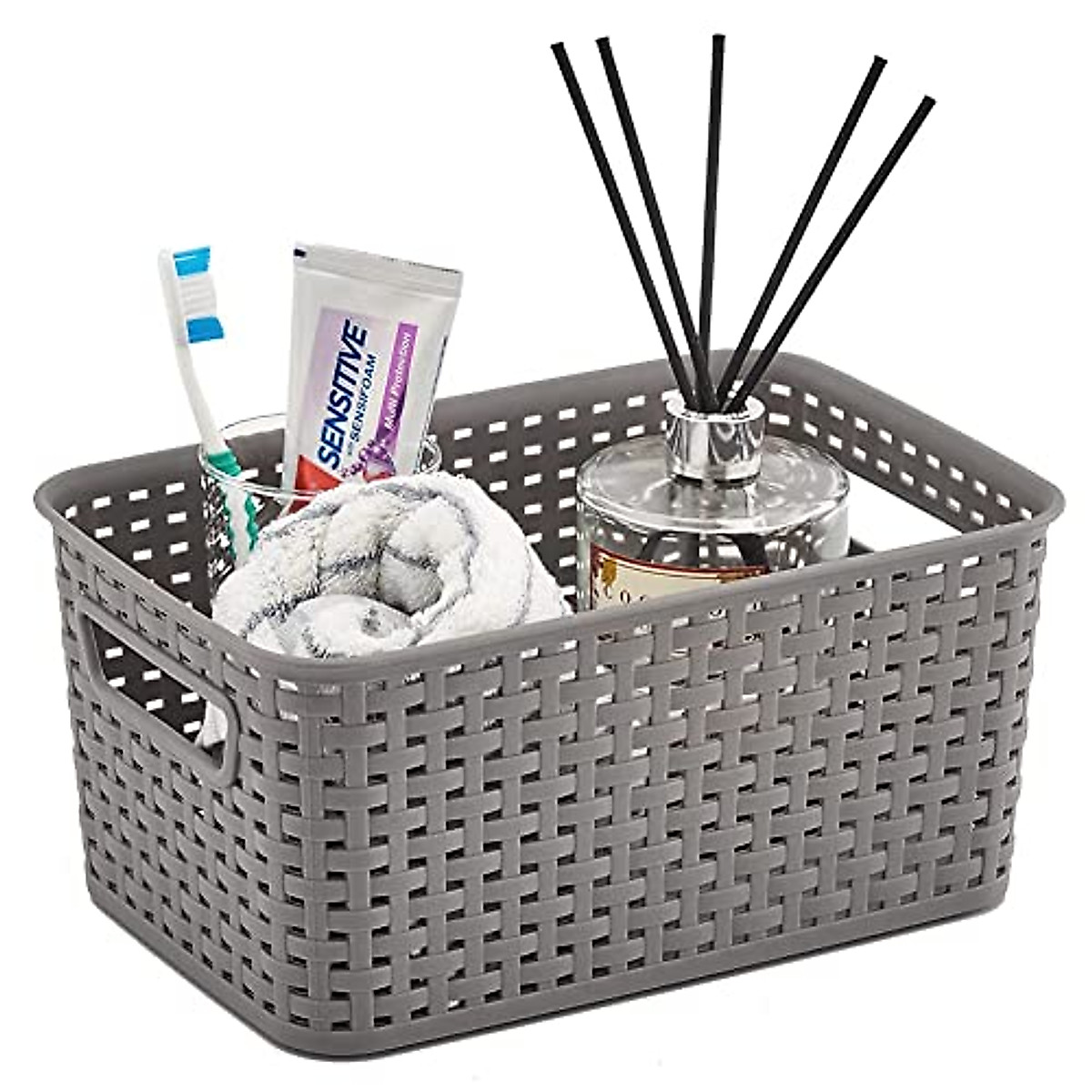 EZOWare Set of 8 Small Gray Plastic Woven Knit Baskets, Storage Organizer Bins Boxes For Office, Classroom, Desktop, Drawer and More