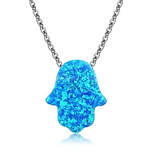 Kaletine Hamsa Hand of Fatima Necklace Sterling Silver Blue Synthetic Opal Pendant 11x13mm Cable Chain 16"/17"/18"