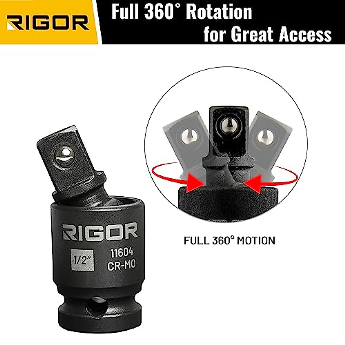 RIGOR 11601 Universal Joint Swivel Socket Adapter Set | 3PCS, 1/2", 3/8", 1/4" Drive | CR-MO Impact Grade | Aluminum Storage Rail