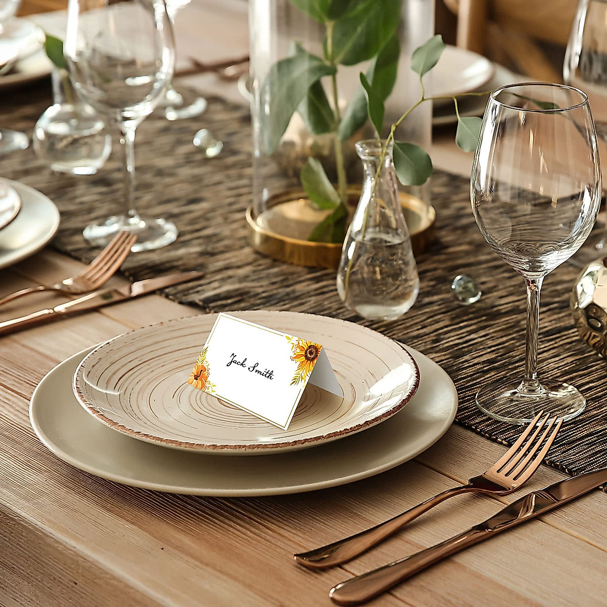 Whaline Thanksgiving Place Cards 50Pcs Autumn Fall Table Tent Place Cards Foil Gold Sunflower Pumpkin Seating Name Escort Card Folded Seat Assignment Setting Label for Wedding Baby Shower Party