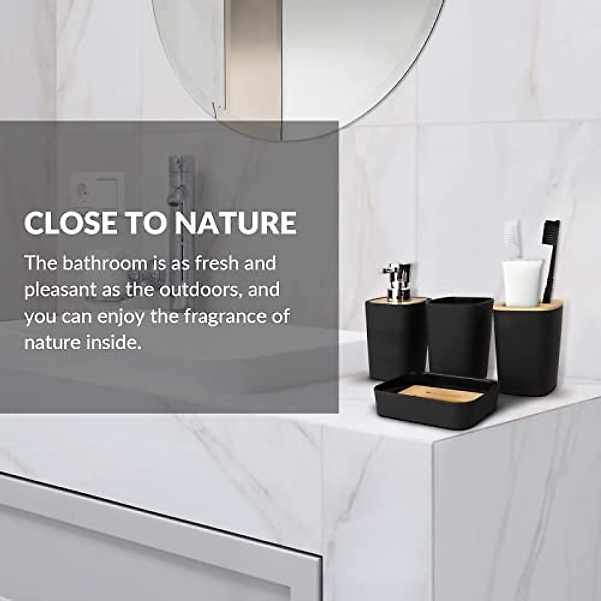 MYCENSE Bathroom Accessories Set 5 Pcs Bathroom Decor Ensemble Complete Includes Toothbrush Holder, Toothbrush Cup, Soap Dispenser, Soap Dish, Toilet Brush Holder, Black