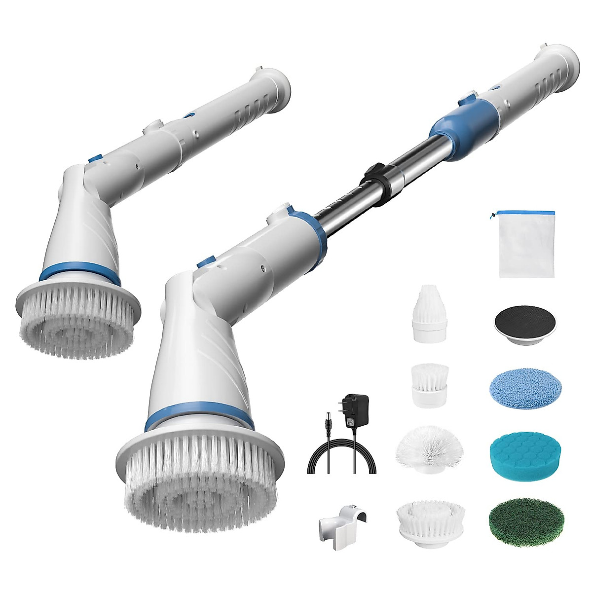 Electric Spin Scrubber, IEZFIX Electric Cleaning Brush Bathroom Shower Scrubber Cleaner Brush XL10W, Power Scrubber Long Handle with 7 Replaceable Scrub Brush Heads for Tub,Floor,Tile,Grout (Blue)