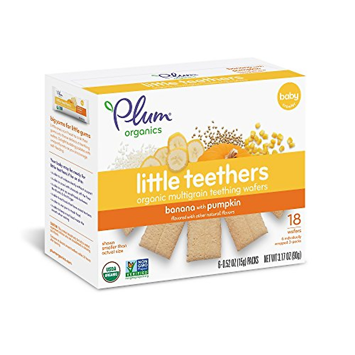Plum Organics Little Yums, Organic Baby Teething Wafers, Pumpkin Banana, 3.17 Oz, 6 Bars