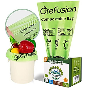 GreFusion Compostable Bags for Kitchen Compost Bin 1.2 Gallon,125 Count,Compost Food Scrap Waste Bags Fits 0.75,1,1.2,1.3 Gallon Countertop Bin,Compost Bags Certified by BPI,ASTM D6400 and OK Compost