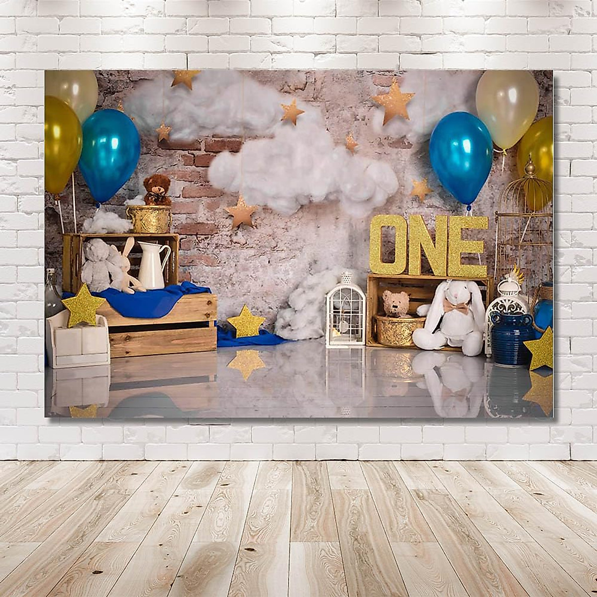 MEHOFOTO Blue and Gold Boy One Birthday Photo Studio Portrait Backdrop Props Balloons Cloud Stars Retro Wall Happy 1st Birthday Party Decorations Photography Background Banner 7x5ft