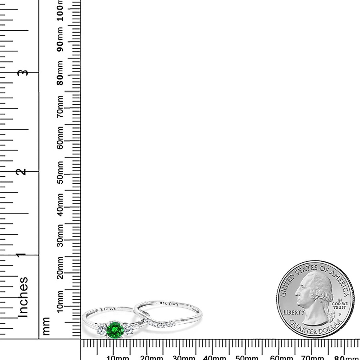 Gem Stone King 10K White Gold Green Simulated Emerald and White Lab Grown Diamond 3-Stone Bridal Engagement Wedding Ring Set For Women (1.08 Cttw, Gemstone May Birthstone, Round 5MM, Size 8)