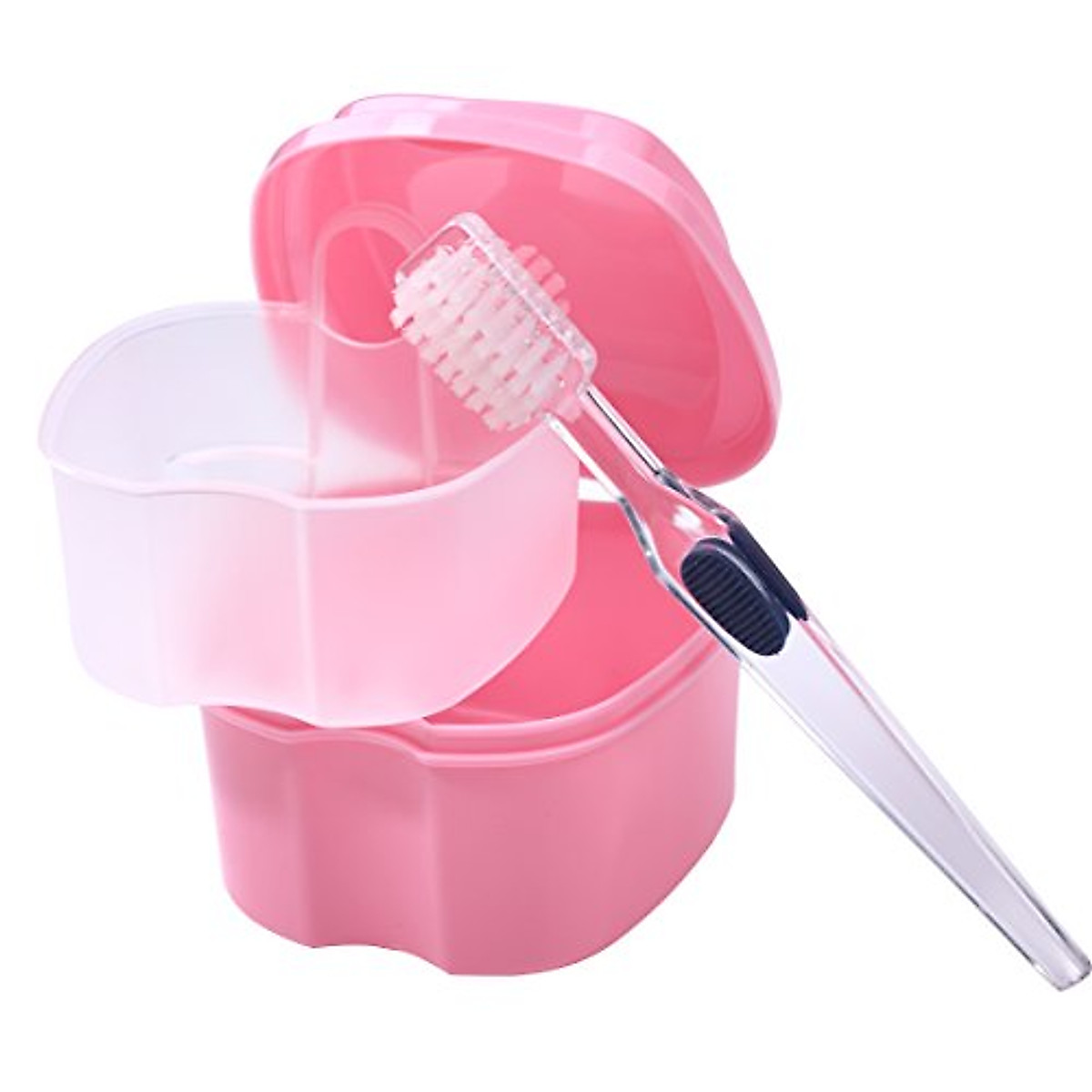 Bearals Denture Box, Denture Cup, Denture Case with Brush, Denture Bath Cleaning Soaking Cup with Strainer, Mouth Guard Night Gum Retainer Container (Pink)