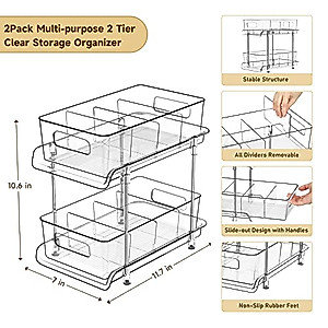 HIHEGD 2 Tier Bathroom Storage Organizer with Dividers, Clear Under Sink Organizers and Storage Pull Out Cabinet Organizer for Bathroom Kitchen Pantry Storage, Medicine Cabinet Organizer