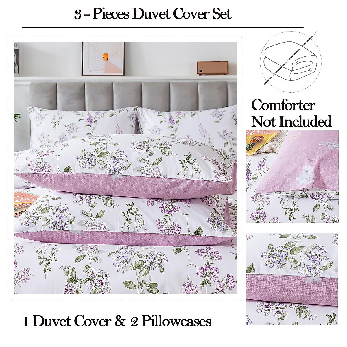 FADFAY Purple White Floral Duvet Cover Sets Queen 100% Cotton Lilac Lavender Reversible Comforter Cover French Country Bedding All Season Soft Crisp Green Leaves Bed Cover with Zipper 3 Pieces