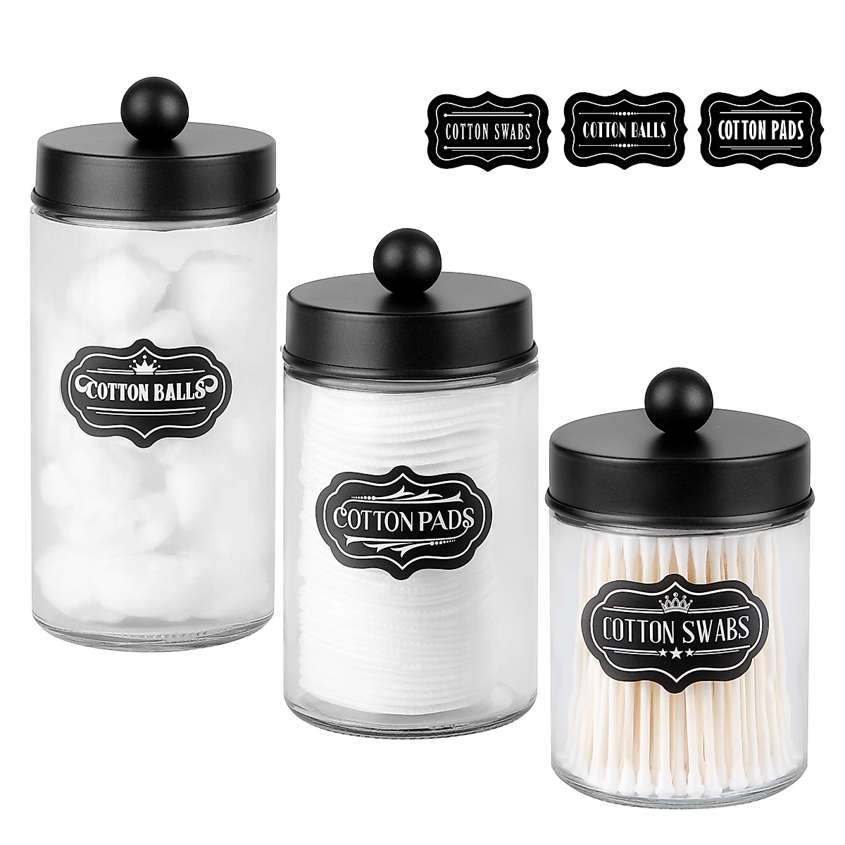 Apothecary Jars 3 Pack - Glass Bathroom Containers with Stainless Steel Lids - Rustic Farmhouse Decor Bathroom Accessories, Vanity Organizer Apothecary Jars for Qtip/Cotton Balls (Matte Black)