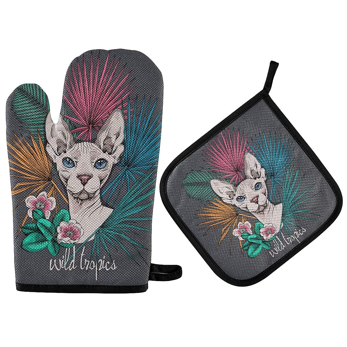 susiyo Oven Mitts and Pot Holders 2 Piece Set Sphynx Cat Tropical Leaves Heat Resistant Oven Gloves Non-Slip Textured Potholder for Microwave BBQ Cooking Baking Grilling