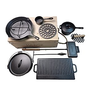 HAWOK Pre-seasoned Cast Iron Dutch Oven Camping Cooking Set with Carrying Storage Box