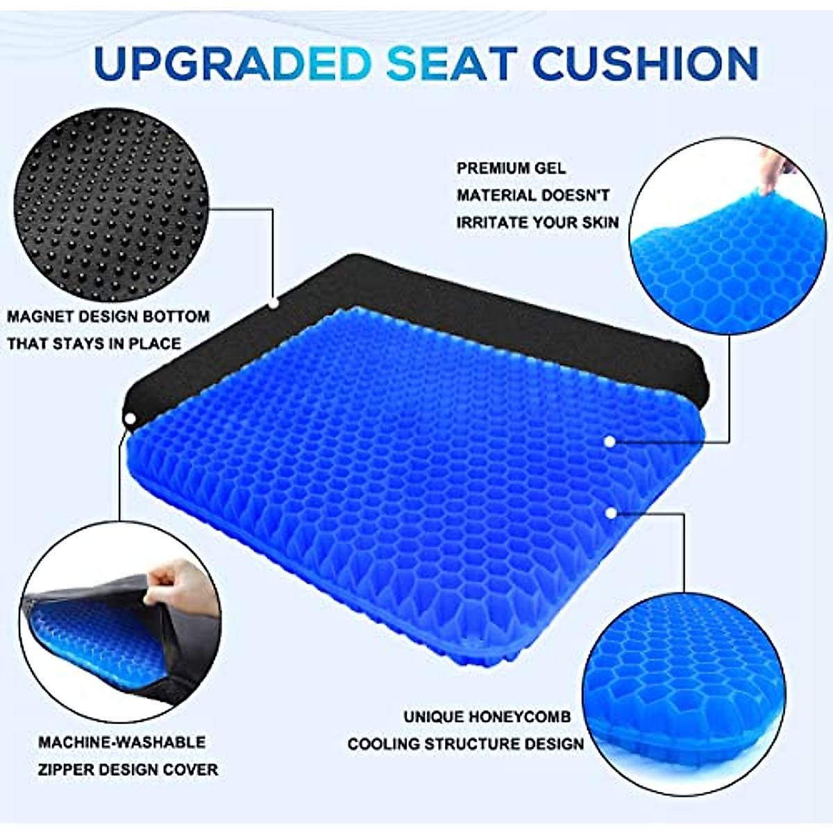Gel Seat Cushion - 1.65inch Double Thick Egg Seat Cushion with Non-slip Cover - Coccyx Cushion for Back & Sciatica Pain - Office chair Car Seat Cushion - Honeycomb Breathable Design, Durable, Portable