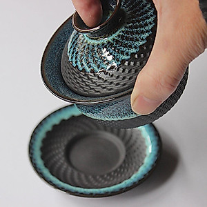 Gaolinci Kiln Glazed Ceramic Jianzhan Teacup Kung Fu Tea Cup and Saucer with Lid. 5 Oz Sancai Gaiwan