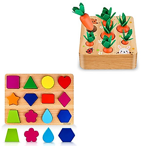 SKYFIELD Wooden Carrot Harvest Game & Shape Puzzles Gifts Toys for Boys Girls 3 4 5 6 Years Old, Color& Shape Educational Montessori Toys for Toddler Kids, Great Birthday Gift