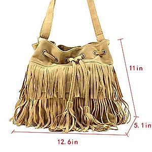 Heidi Women's Fringed Bucket Purse Tassel Faux Suede Shoulder Bag Ring Top-Handle Crossbody Bag Apricot