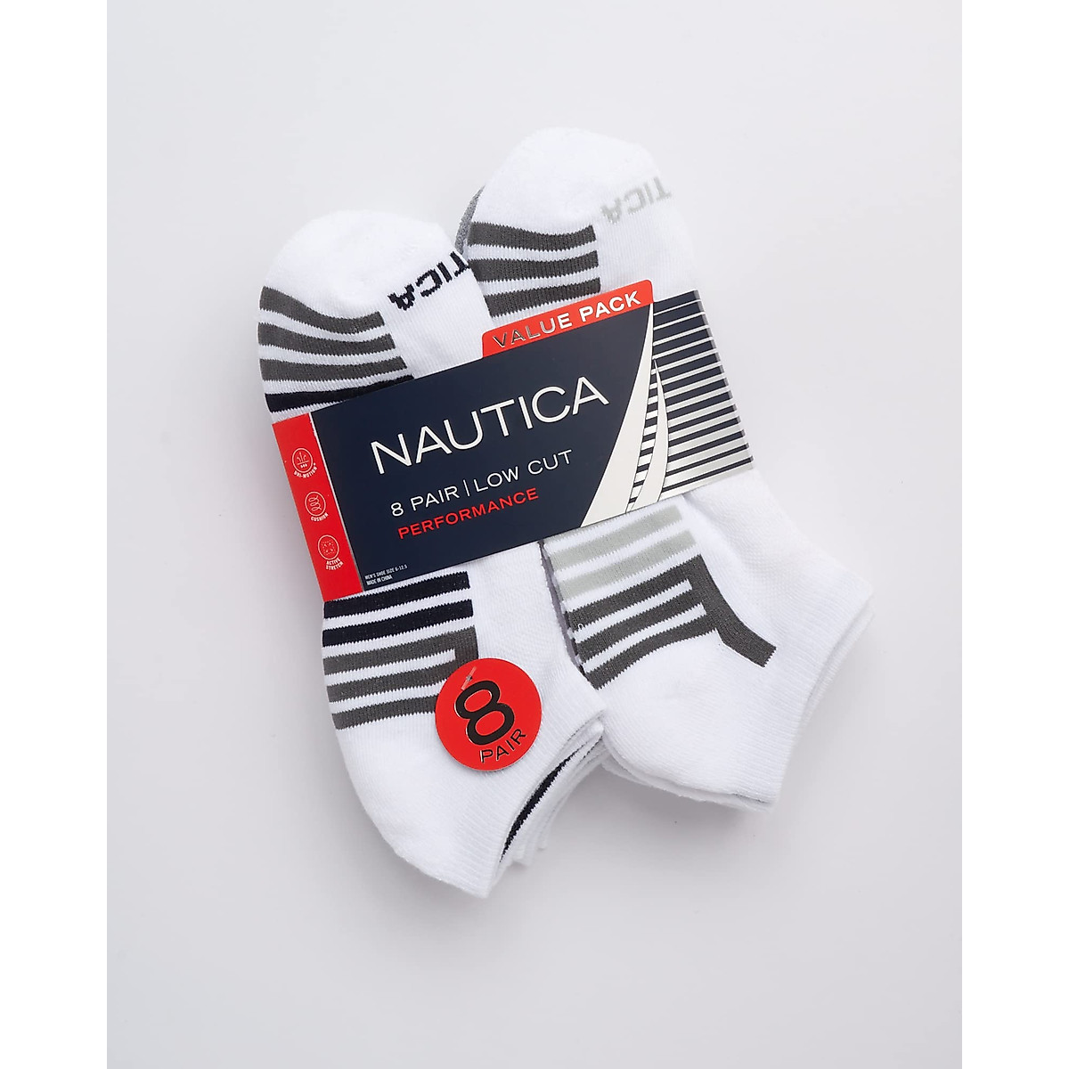 Nautica Men's Low Cut Socks - 8 Pack Comfort Cushioned Athletic Ankle Socks for Men - Casual Men's Sports Socks, Size 6-12.5, White Stripe