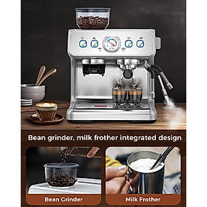 COWSAR Espresso Machine 15 Bar, Semi-Automatic Espresso Maker with Bean Grinder and Milk Frother Steam Wand, 75 Oz Removable Water Tank for Cappuccino, Latte, Stainless Steel