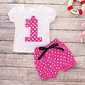 ODASDO Infant Baby Girl 1st First Birthday Cake Smash Outfit Cotton Short Sleeve T-shirt Top Polka Dots Shorts Pants Ear Bowknot Headband 3pcs Clothes Set Photo Props Hot Pink 12-18 Months