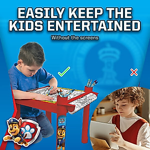 Paw Patrol Activity Coloring Table with Art Paper Roll, Plastic Desk Holder, Crayons & Stickers - Color & Craft Art Table - Red Activity Floor Desk, Ages 3-6