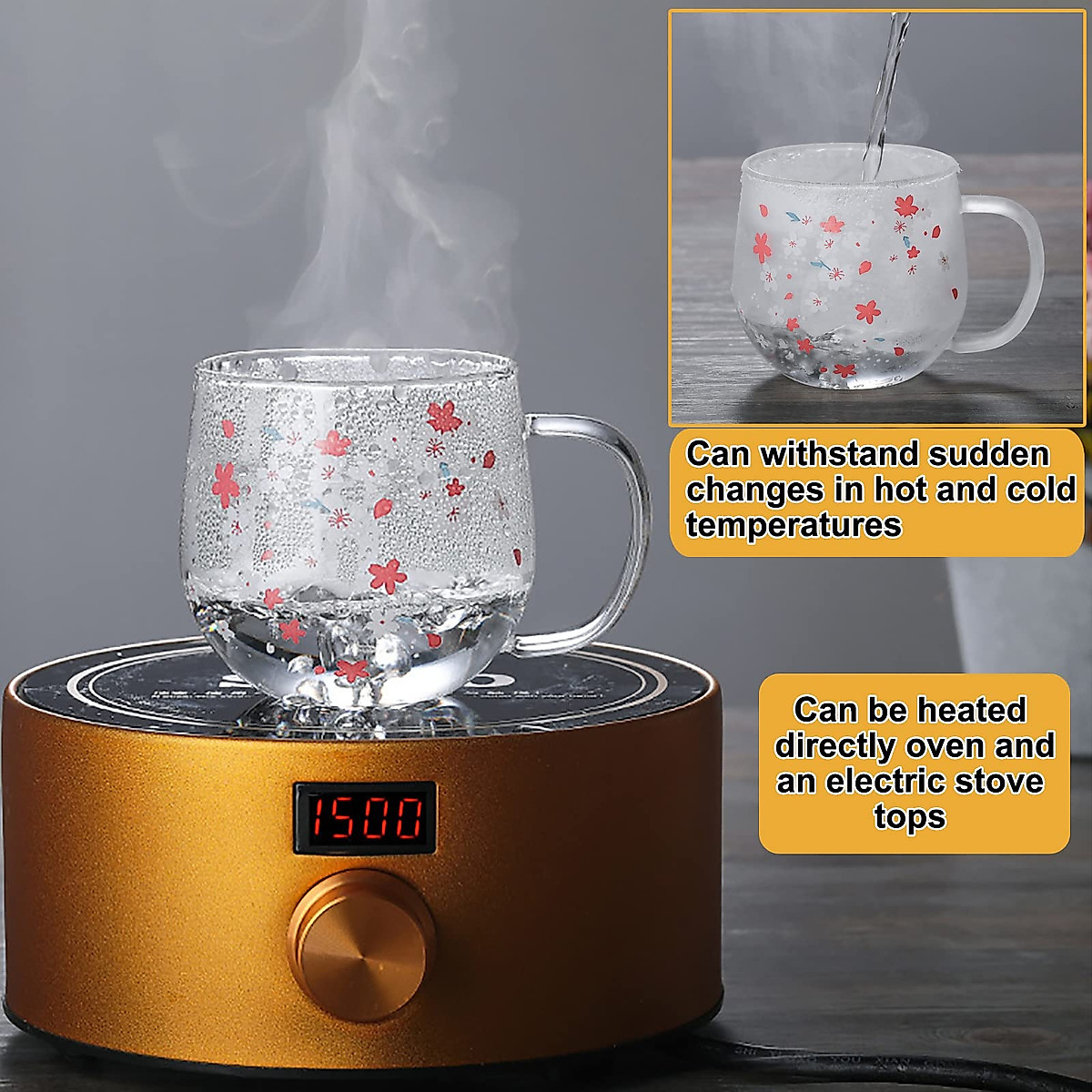 SZHTSWU Cherry Blossom Glass Cup and Coaster, Glass Teacup with Infuser and Lid, 300ml Clear Pink Flower Tea Infuser Mug Heat Resistance Borosilicate Glass Drinking Cup, Ideal for Tea Lovers