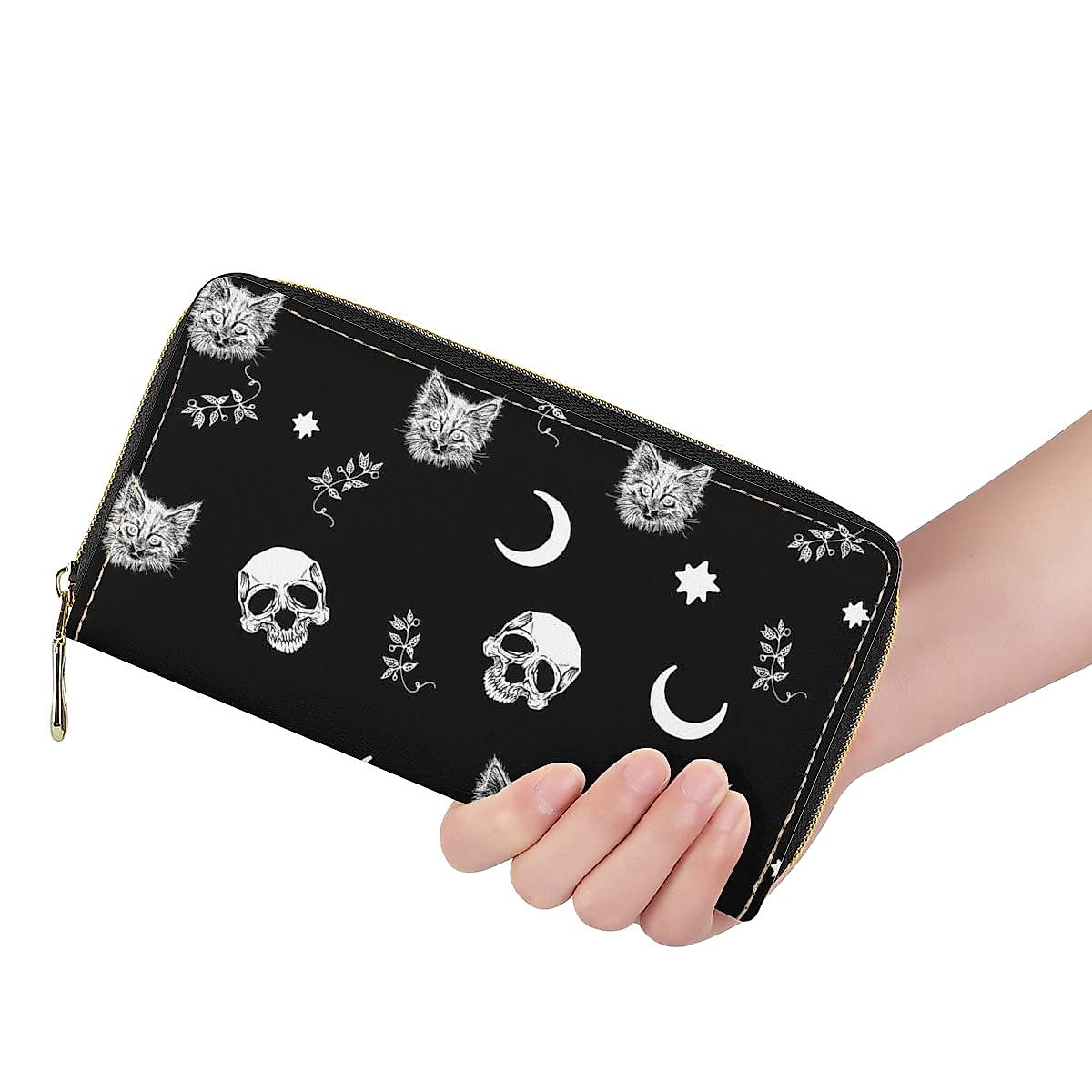 CHPGPUG Women's Skull Cat Moon Long Wallet,Zippered Coin Purse,PU Leather Clutch Wallet