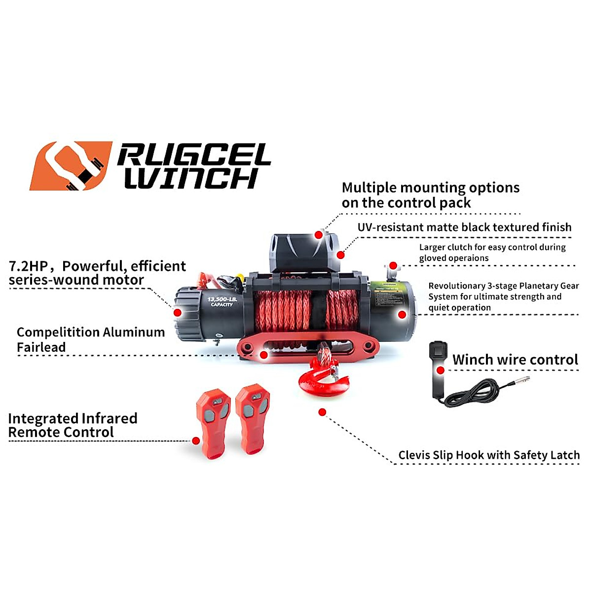 RUGCEL WINCH 13500lb Waterproof Electric Truck Winch 12V Synthetic Rope Jeep Winch with Hawse Fairlead,Wired Handle and 2 Wireless Remote,for Trailer and Wrangler in Car Lift