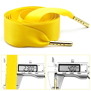 WEGOODZF Ribbon Satin Sneakers Shoelaces: 2 Pair 22mm Wide 47 inch Yellow + Gold Metal Tips Flat Silk Shoe Laces