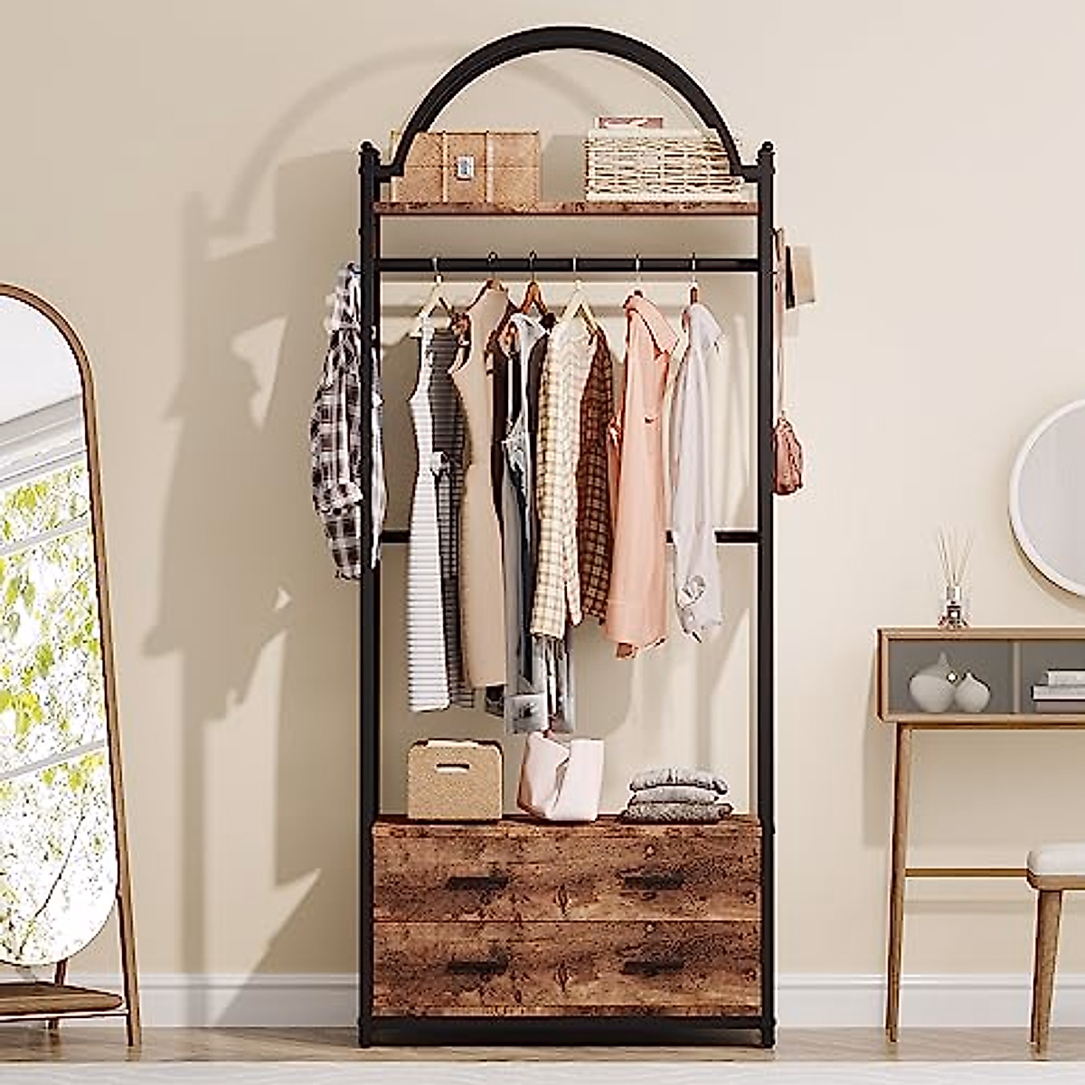 Tribesigns Stylish and Versatile Clothes Rack with Shelves Drawers and Hooks, Modern Closet Organizer, Durable Garment Wardrobe Storage Shelving with Hanging Rod (Rustic Brown)