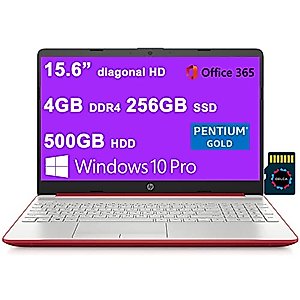 HP Notebook 15 Laptop Computer I 15.6” Diagonal HD Display I Intel Pentium Gold 6405U Processor I 4GB DDR4 256GB SSD + 500G HDD I Intel UHD Graphics I USB-C HDMI Win10Pro Red + 32GB MicroSD Card