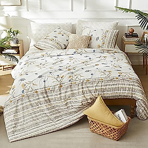WRENSONGE Queen Comforter Set, 8 Pieces Floral Comforter Set with Sheets for Queen Size Bed, Yellow Flower & Stripe Bedding Set with Decor Pillow, Soft Breathable Microfiber for All Seasons