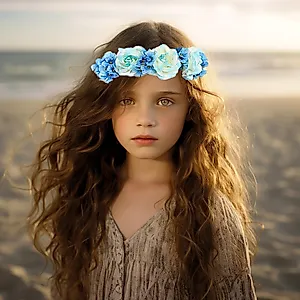 LLinfflr Floral Garland Crown Boho Flower Headband Hair Wreath Floral Halo Headpiece with Ribbon Wedding Party Blue