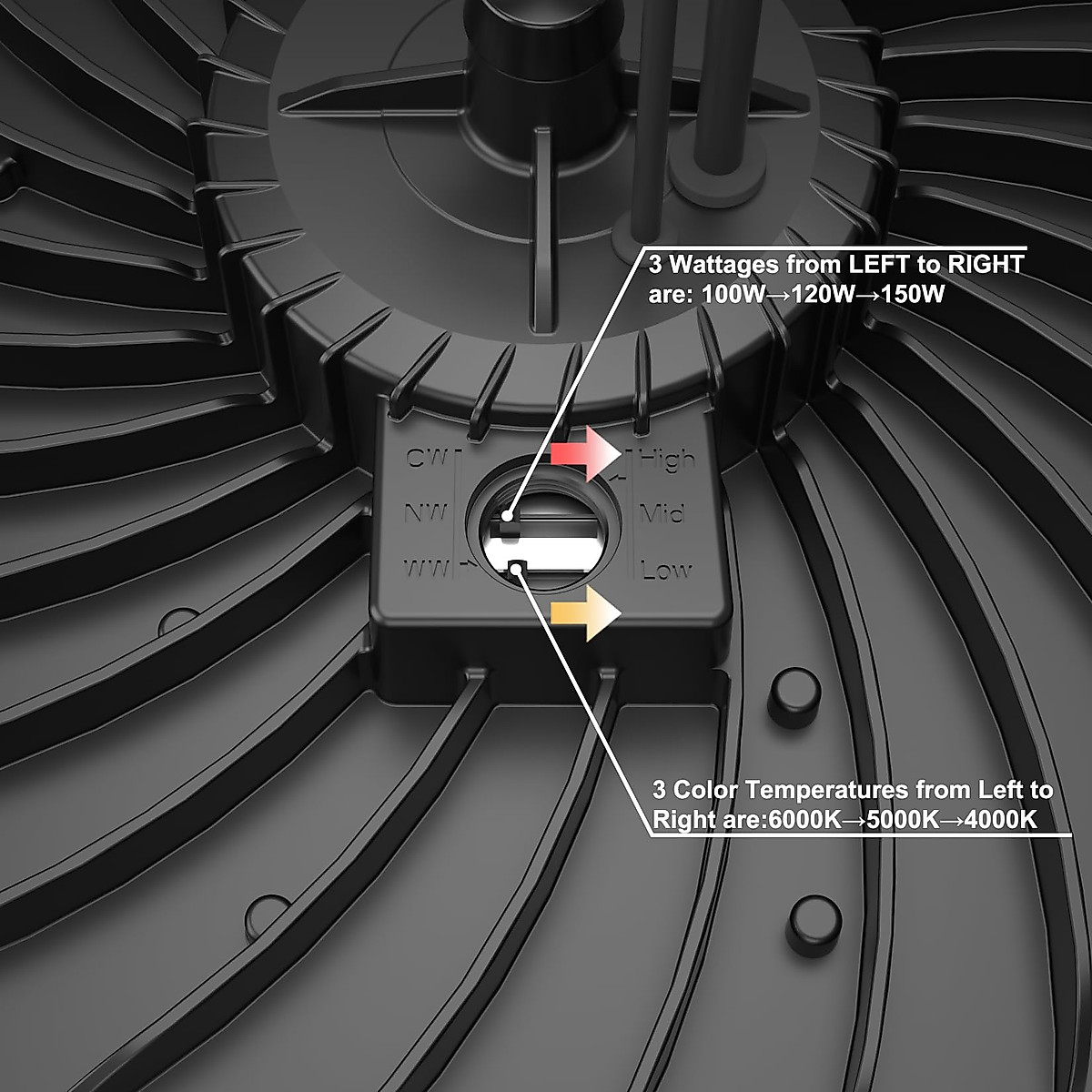Hylele UFO LED High Bay Light 150W-120W-100W Adjustable Commercial Bay Lighting 24000lm 6000K/5000K/4000K 0-10V Dimmable, Motion Sensor & Remote Control