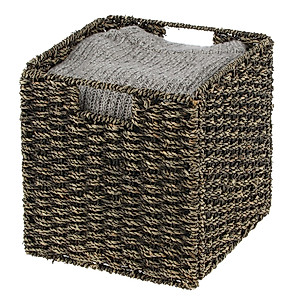 mDesign Seagrass Woven Cube Basket Organizer with Handles - Storage for Bedroom, Office, Living Room, Bathroom, Perfect for Cubby Storage Units - Hold Blankets, Magazines, Books - 4 Pack - Black Wash