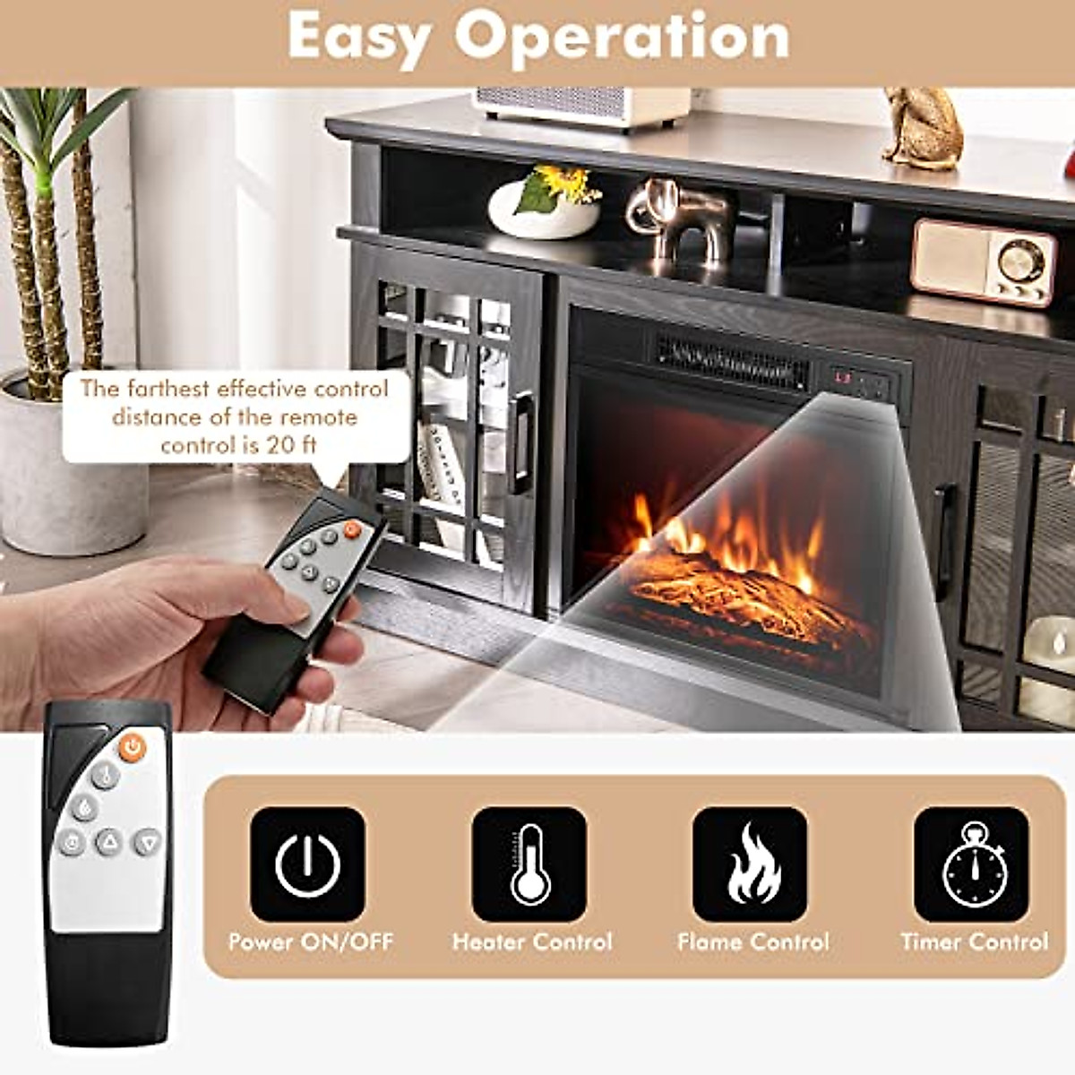 Tangkula Fireplace TV Stand for TVs Up to 55 Inch, with 18 Inches 4777 BTU Fireplace Insert, 3-Level Brightness, Overheat Protection, Remote Control Included, Fireplace Entertainment Center (Black)