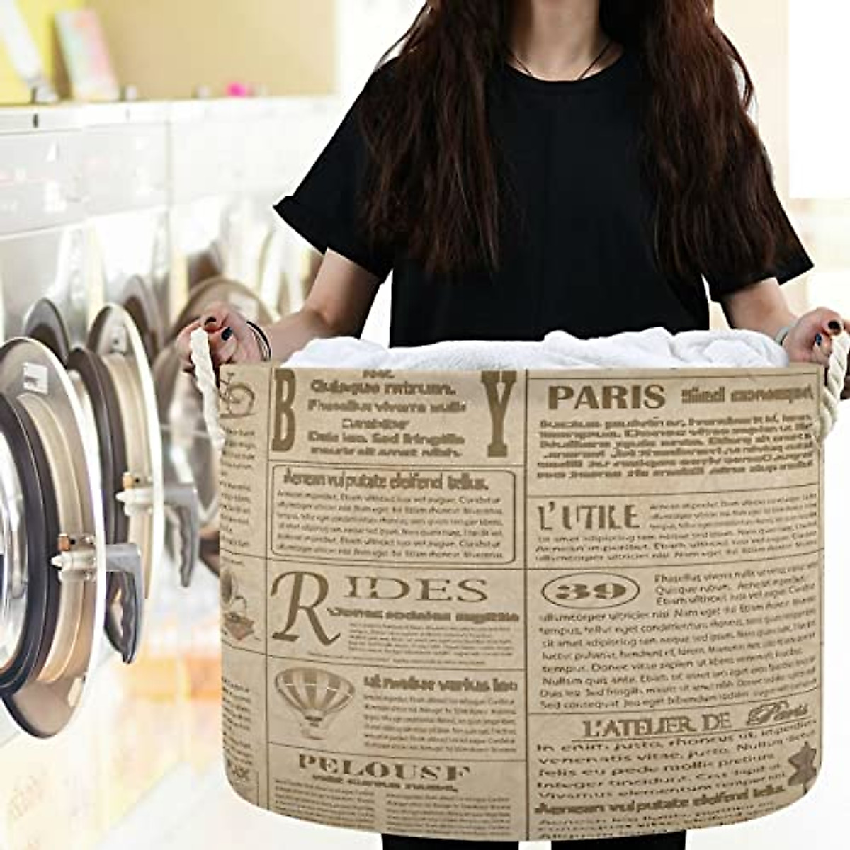 visesunny Paris Newspaper Retro Laundry Baskets Fabric Storage Bin Storage Box Collapsible Storage Basket Toy Clothes Shelves Basket for Bathroom,Bedroom,Nursery,Closet,Office