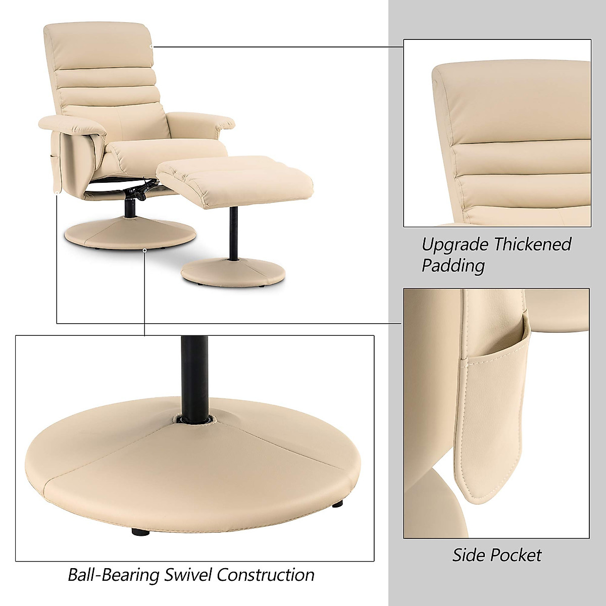 MCombo Recliner with Ottoman, Reclining Chair with Massage, 360 Swivel Living Room Chair Faux Leather 7902 (Cream White)