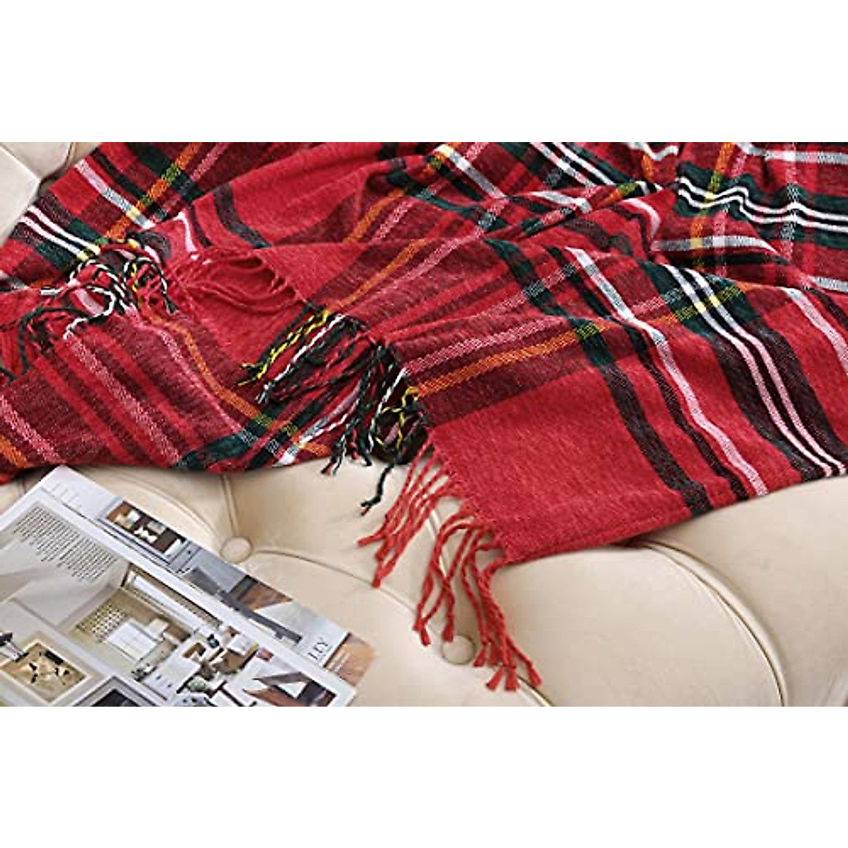 Saukiee Plaid Throw Blanket Red with Tassels 50 x 60 inches Tartan Chenille Throw Fringe for Couch Sofa Bedroom Christmas Decor