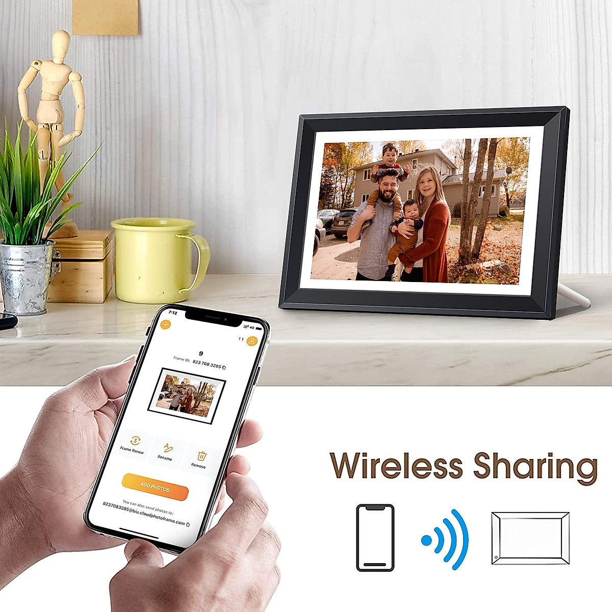 WOZIFAN Digital Photo Frame 10.1 Inch WiFi Smart Digital Picture Frame with 16GB Memory, 1280 * 800 HD Screen, Share Photos and Videos Instantly via Email or App, Auto-Rotate, Gifts for Dad - Black