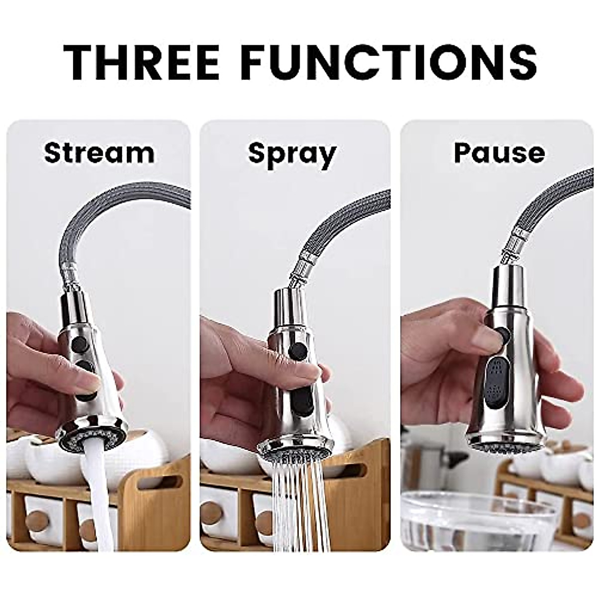 LikeHome Pull Out Spray Head for Pull Down Kitchen Faucet 3 Function Replacement Part for Pull Down Sink in Chrome Finish