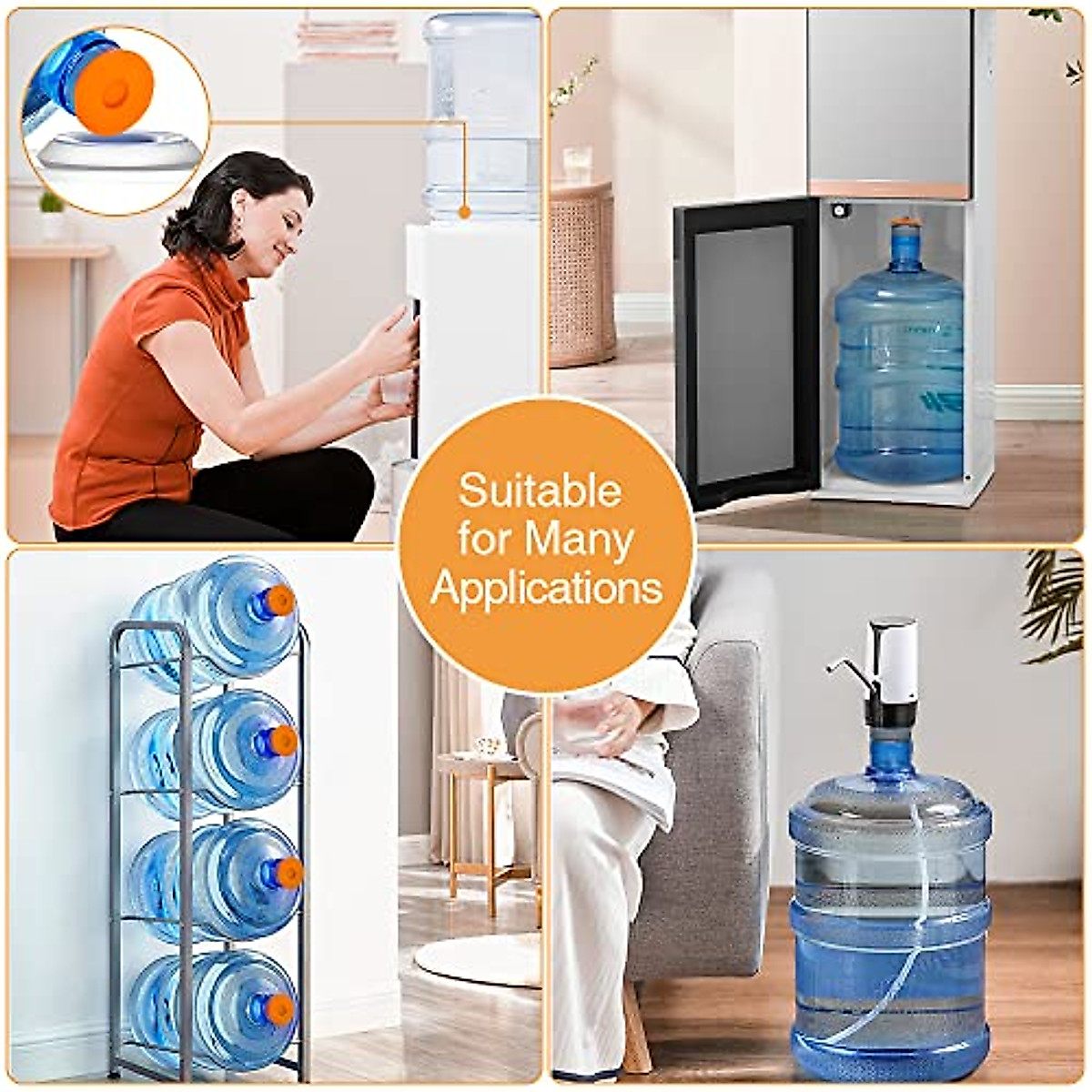 Sophico 5 Gallon Water Jug Cap, 55mm Water Bottle Caps, Silicone Reusable Bottles Lids Replacement, Non-Spill and Anti Splash (4 Pack, Orange)