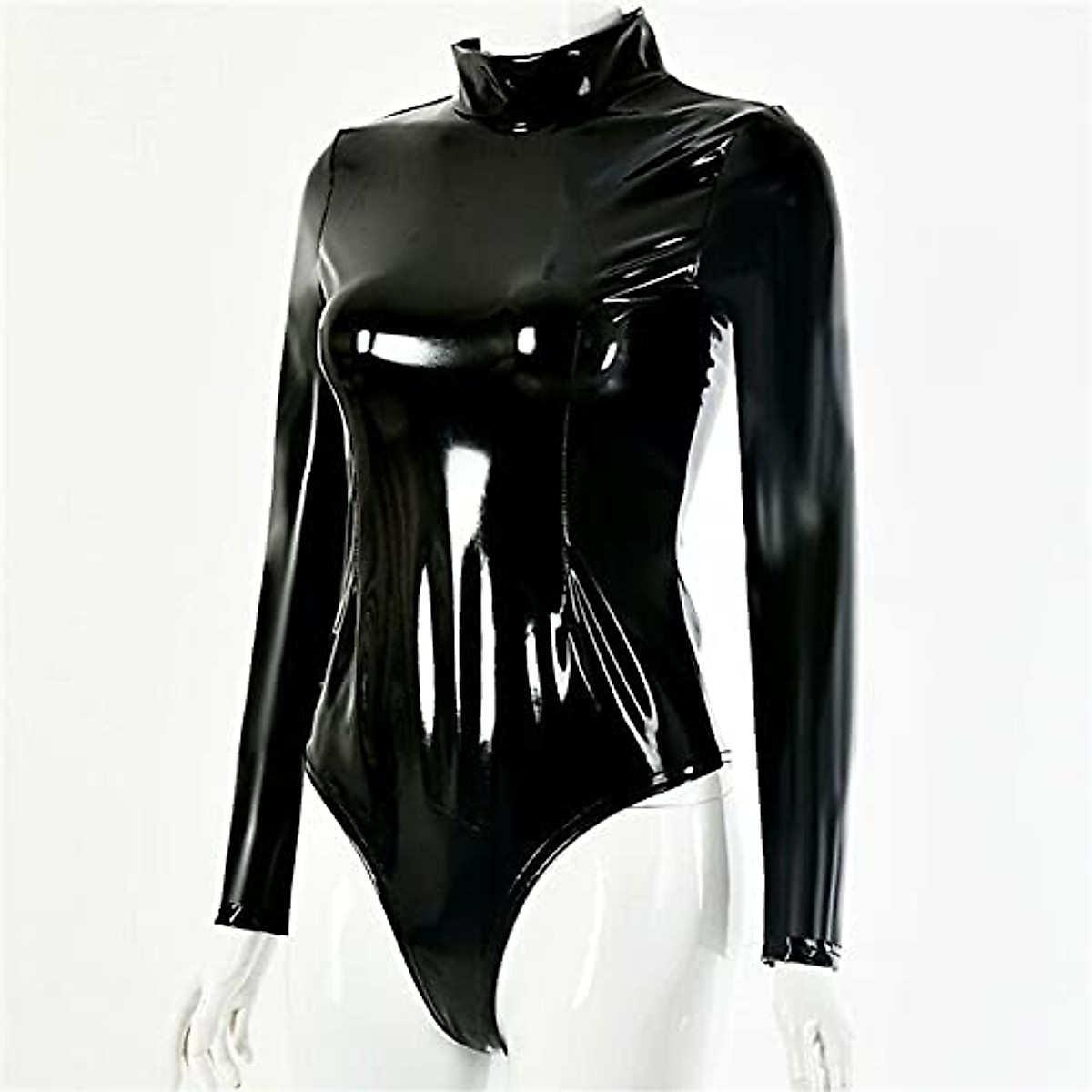 LESOYA Women's Sexy Wetlook PVC Leather High Neck Long Sleeve High Cut Thong Leotard Bodysuit Catsuit
