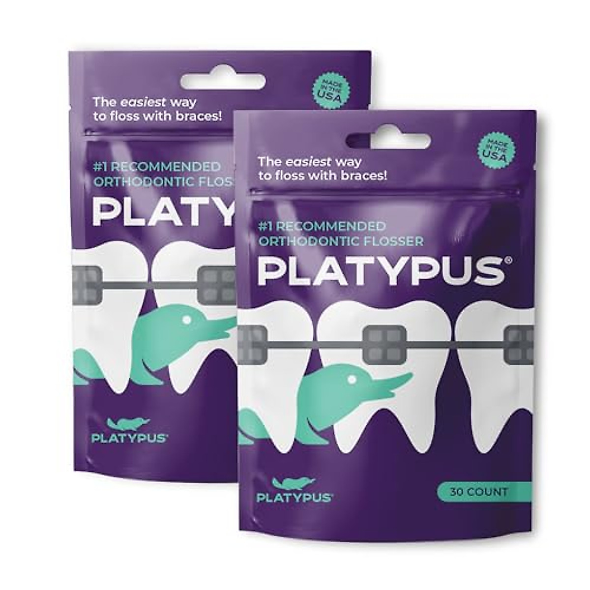 Platypus Orthodontic Flossers for Braces, 30 Count (Pack of 2), Ortho Picks for Adults & Kids, Fits Under Arch Wire, Non-Damaging, Encourage Flossing Habits