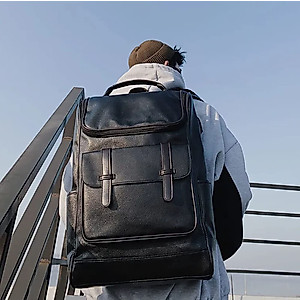 CHAO RAN Vintage Leather Backpack For Men Business Laptop Backpack With Charge Port Black Waterproof College School Bag