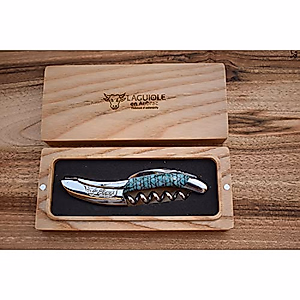 Laguiole En Aubrac Polished Sommelier Waiter's Corkscrew, Turquoise & Black Paper Waves Handle, Wine Opener With Foil Cutter & Bottle Opener