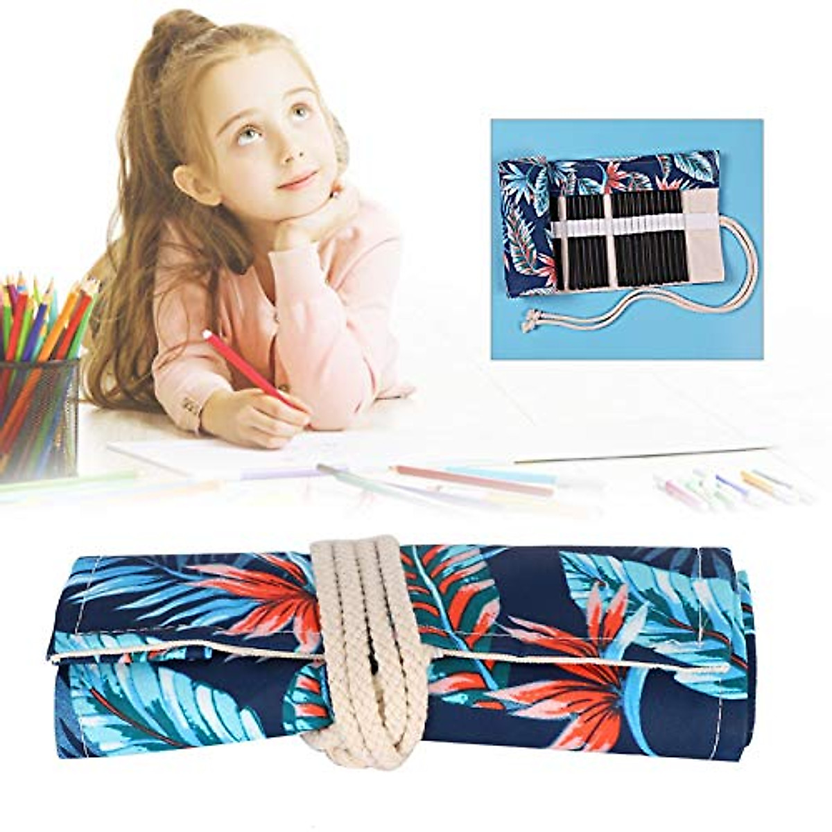 36 Slots Canvas Pencil Roll Case Large Capacity Pencil Holder Colored Pencils Wrap Brush Pouch Bag for Student Art Supplies(#3)