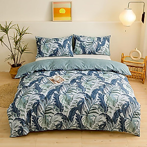 Koudi Tropical Duvet Cover Set Queen Blue Green Palm Leaves Monstera Plant Bedding Set Rainforest Botanical Microfiber Comforter Cover with Zipper Ties